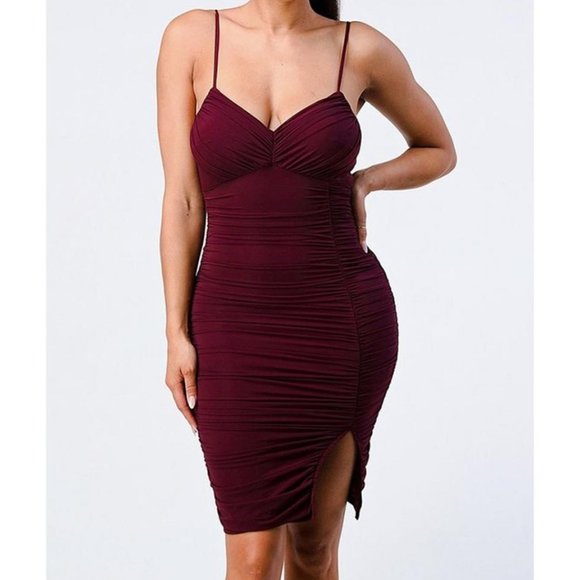 privy | Dresses | Privy Ruched Deepv Dress Thigh Slit Dress | Poshmark